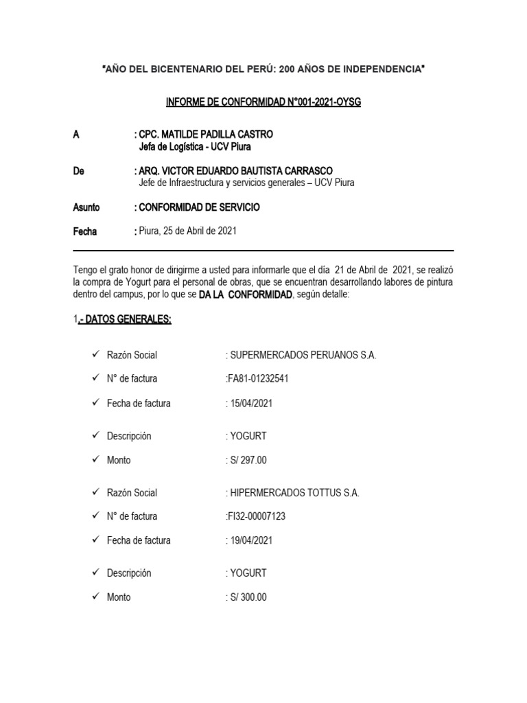 Modelo de Informe de Conformidad | PDF | Perú