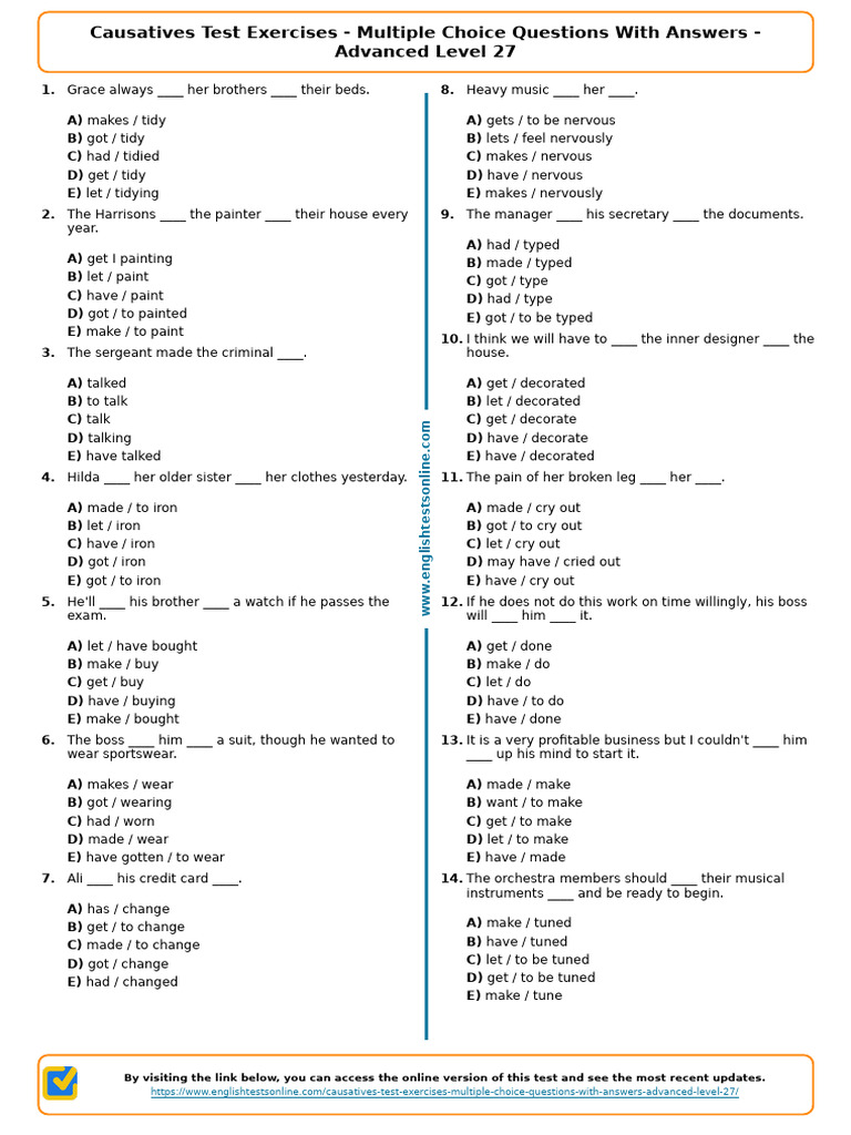 526 Causatives Test Exercises Multiple Choice Questions With Answers ...