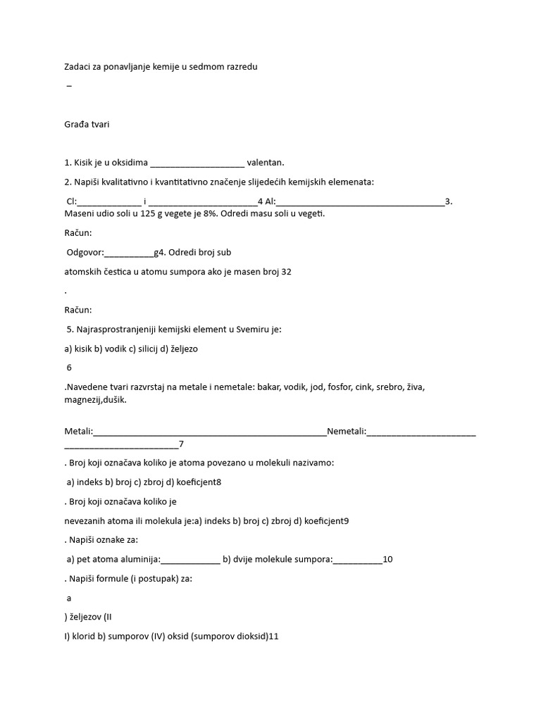 Zadaci Za Ponavljanje Kemije U Sedmom Razredu | PDF
