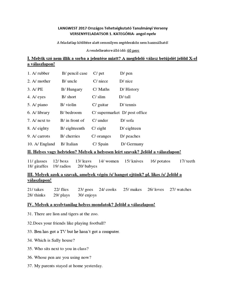 Angol-1 Feladatlap1 | PDF