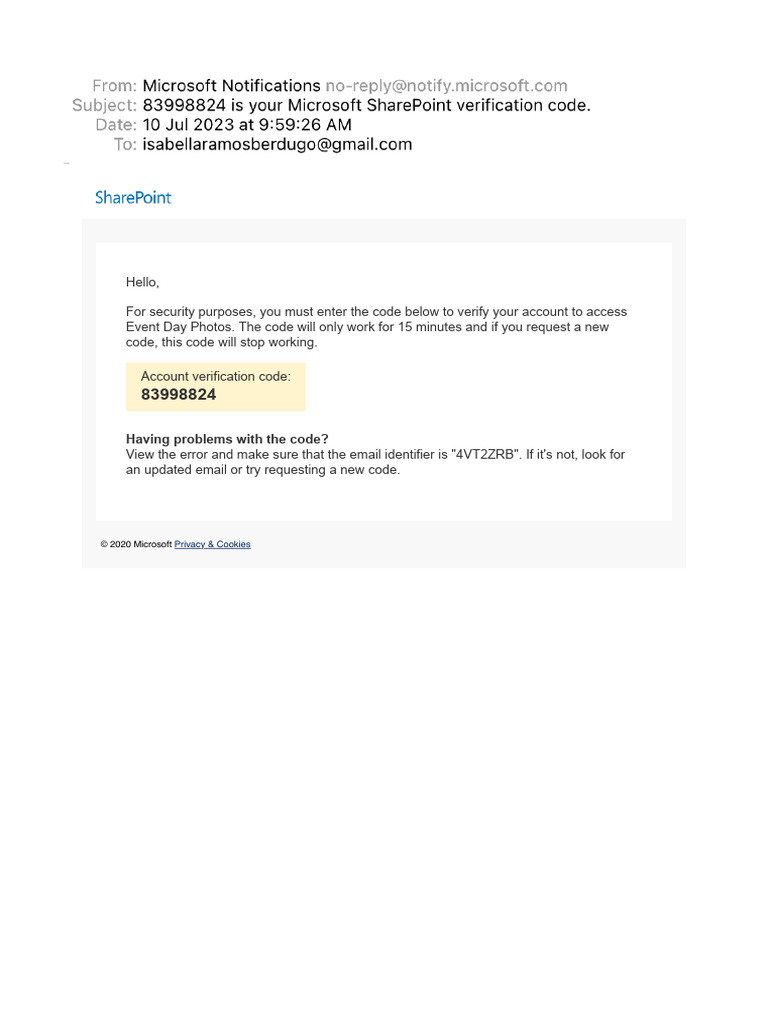 83998824 is Your Microsoft SharePoint Verification Code | PDF