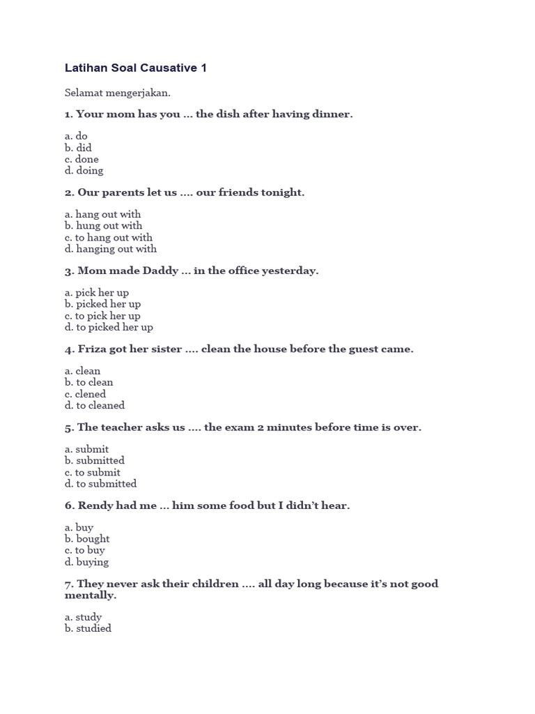 Latihan Soal Causative 1 Kelas 11 | PDF | Cooking, Food & Wine