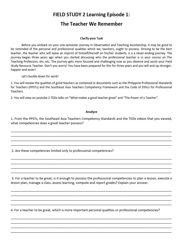 FIELD STUDY 2 Learning Episode 1 | PDF | Teachers | Learning