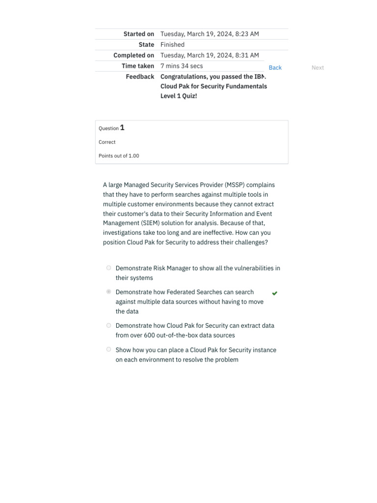 IBM Cloud Pak For Security Fundamentals Level 1 Quiz - Attempt Review | PDF | Cloud Computing ...