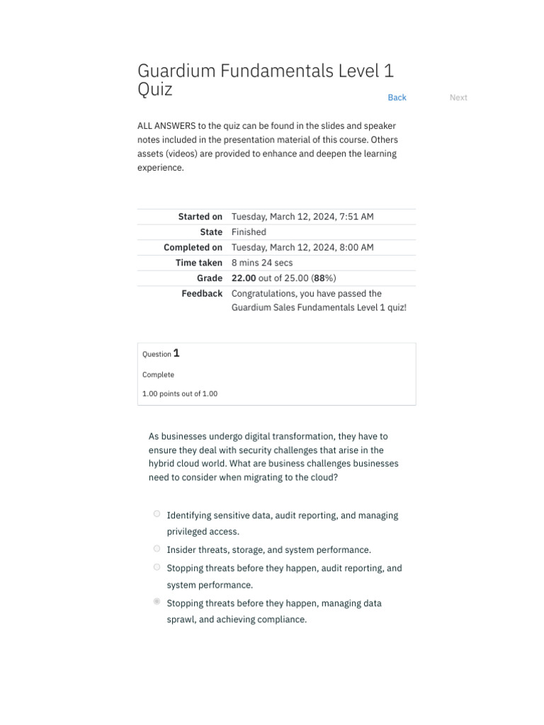 Guardium Fundamentals Quiz Results | PDF | Cloud Computing ...