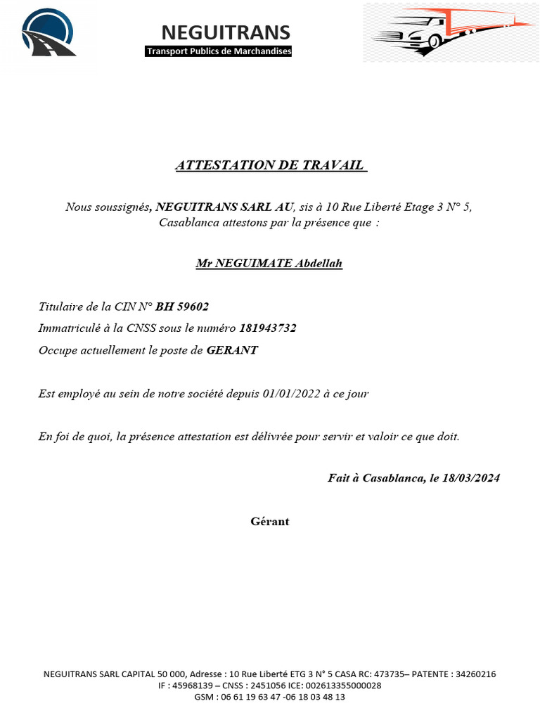 Attestation de travail et factures NEGUITRANS | PDF | Taxe sur la ...
