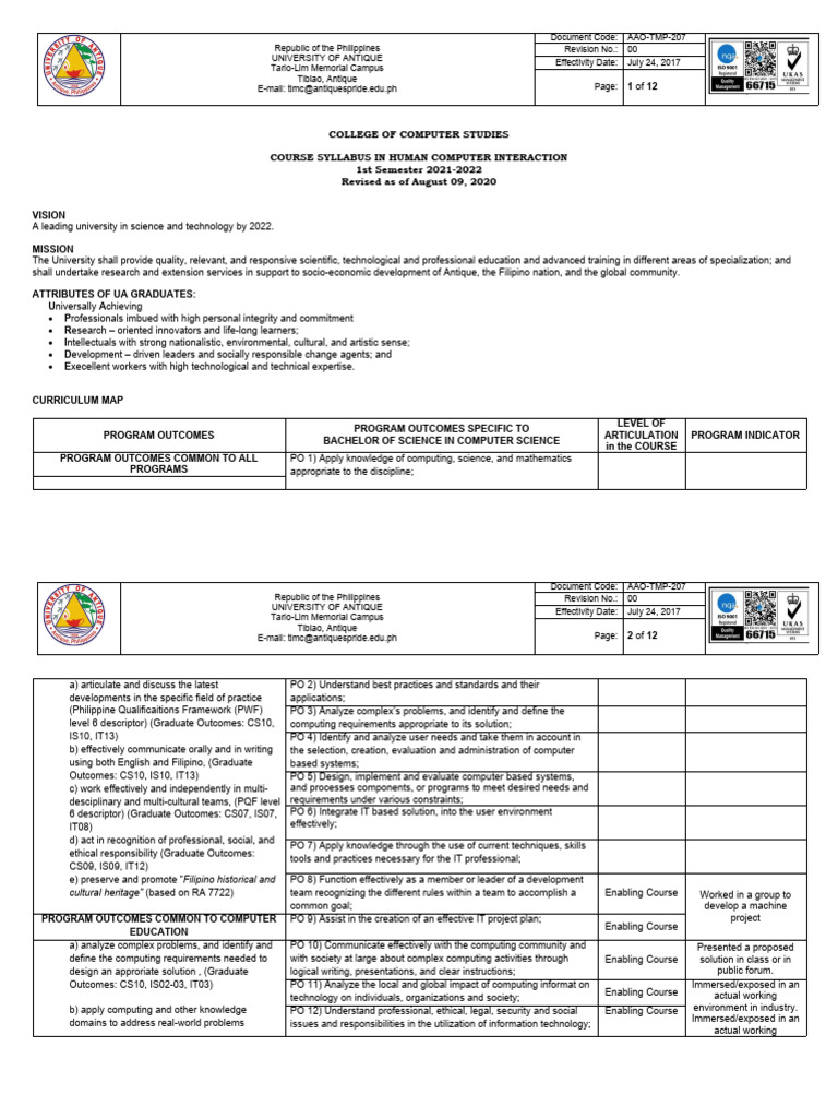 Course Syllabus For HCI OBE Format | PDF | Human–Computer Interaction | Computing