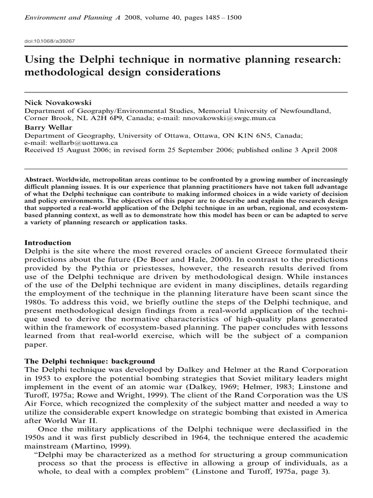 Using The Delphi Technique in Normative Planning Research | PDF | Forecasting | Expert