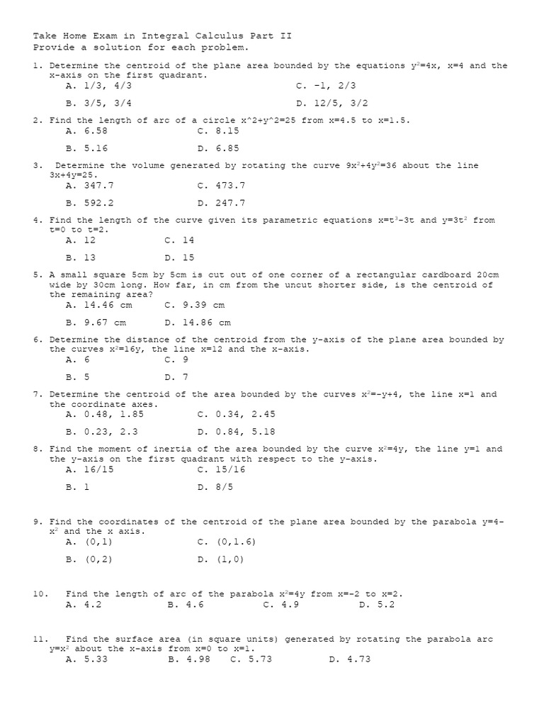 Integral Calculus Take Home Exam II | PDF | Cartesian Coordinate System ...