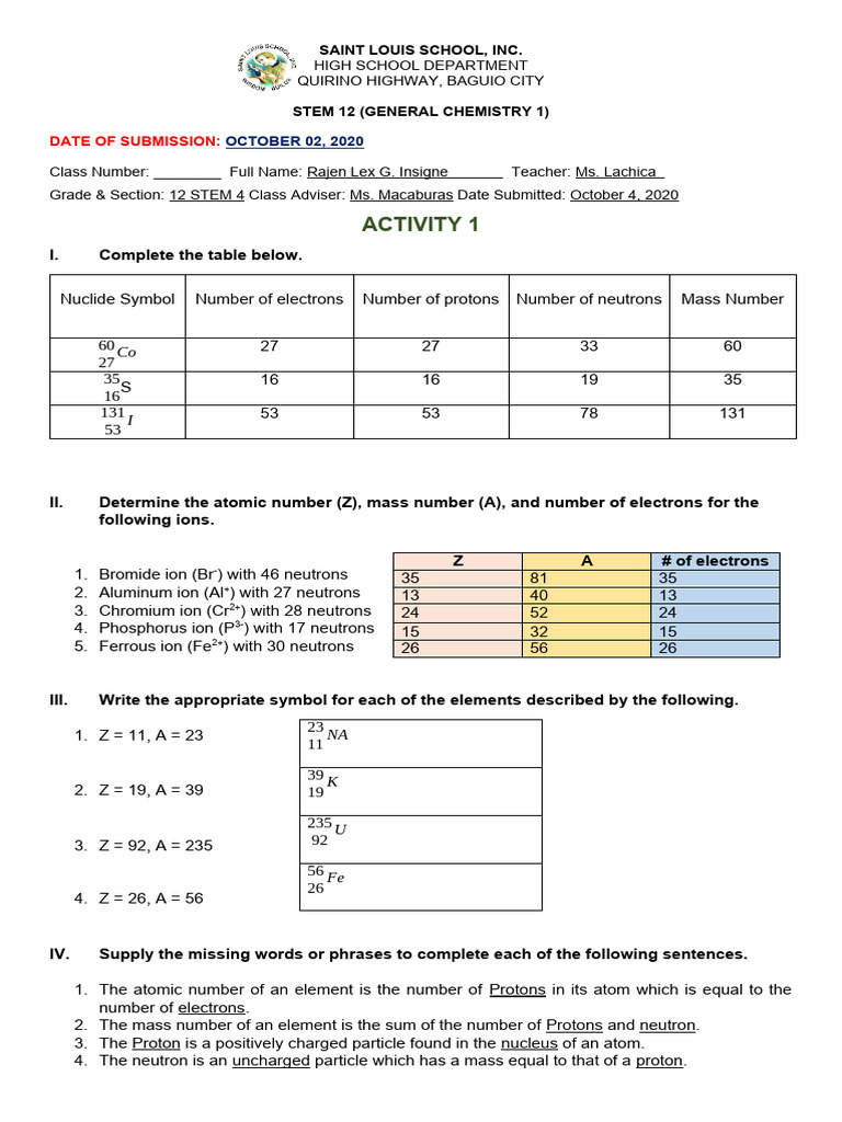 Answer Sheet (Module 2&3) - 12STEM4.Insigne | PDF | Proton | Atoms