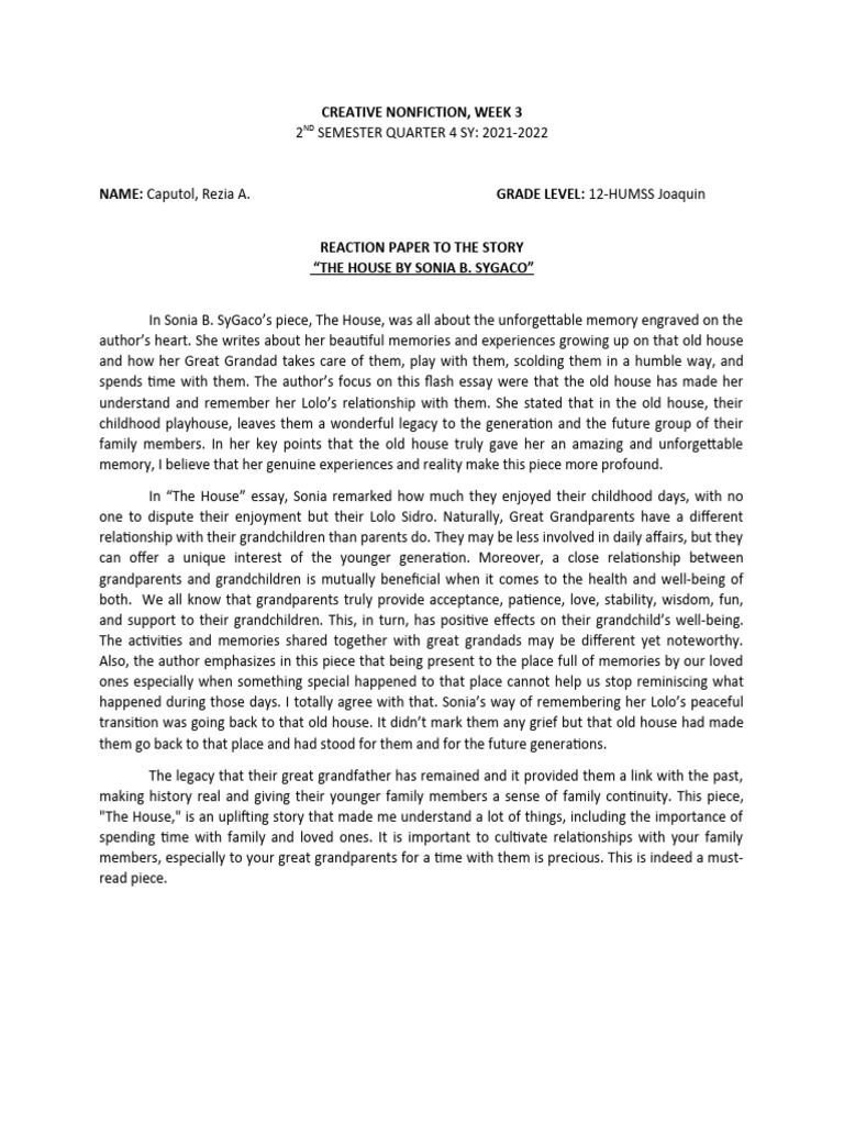 Reaction Paper of "The House Written by Sonia B. Sygaco" | PDF | Grandparent | Social Psychology