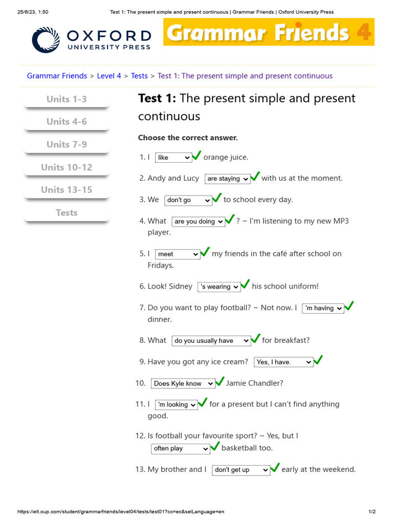 Test 1_ The present simple and present continuous _ Grammar Friends ...