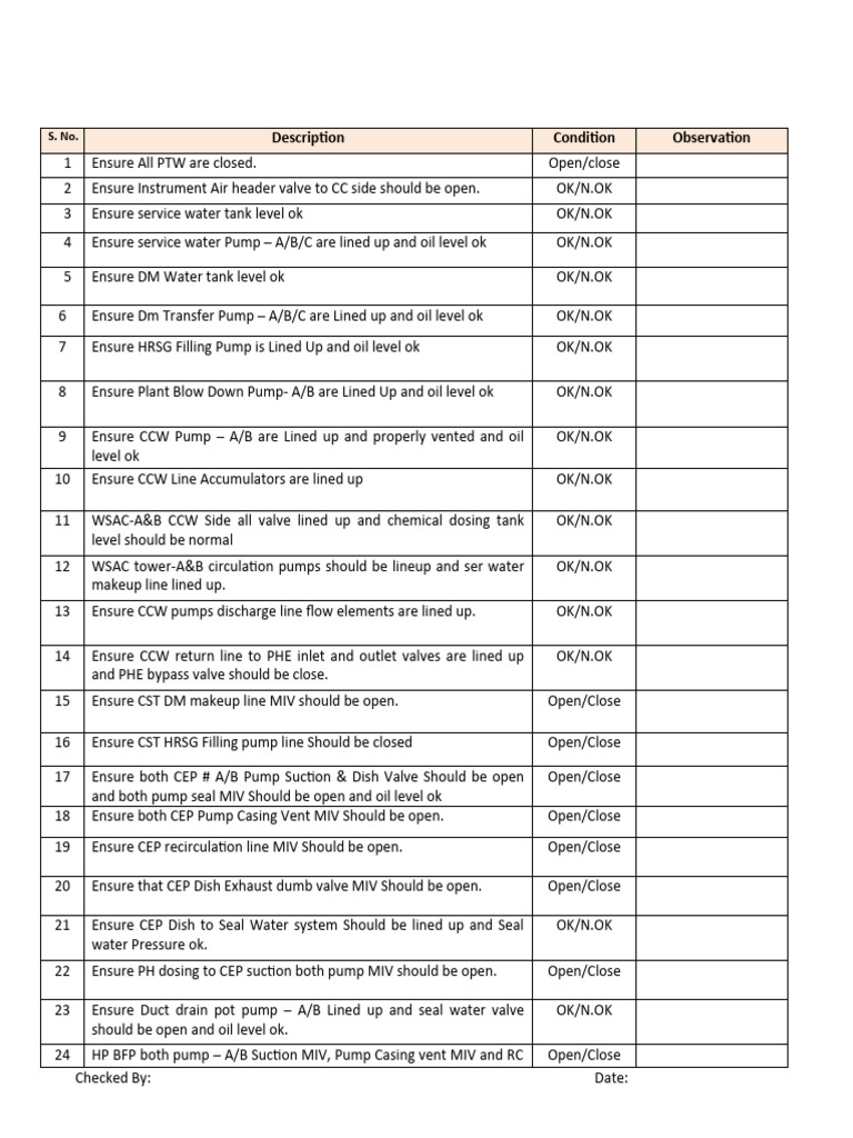 Field Start Up Checklist -1 | PDF | Pump | Valve
