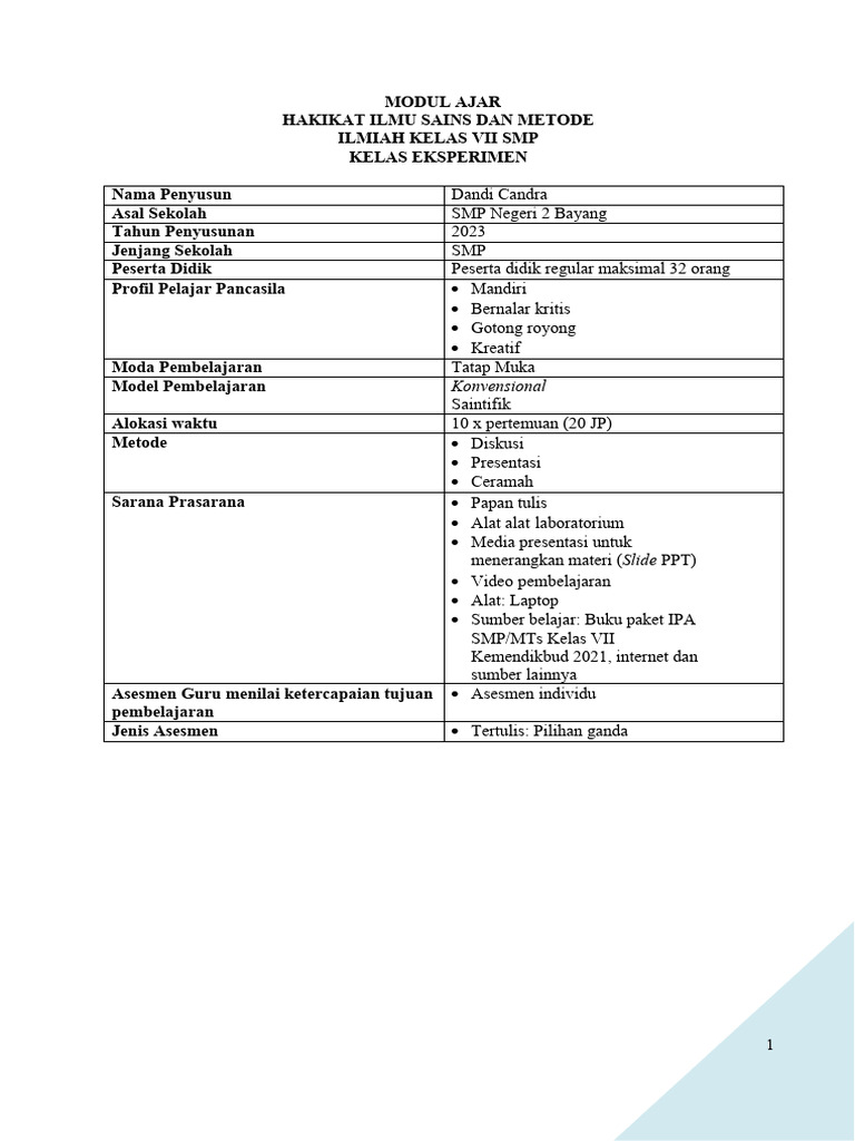 Modul Ajar Kelas Eksperimen - Hakikat Ilmu Sains Acc Validasi | PDF | Karier & Perkembangan ...