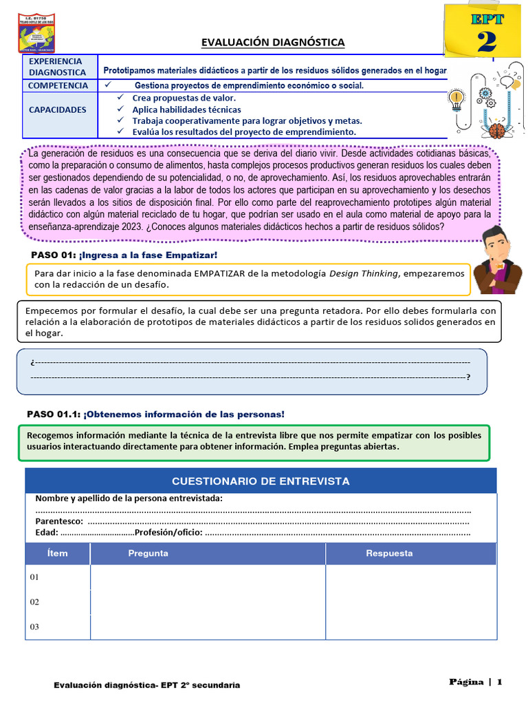 Evaluación Diagnóstica EPT 2º Secundaria | PDF | Residuos | Evaluación