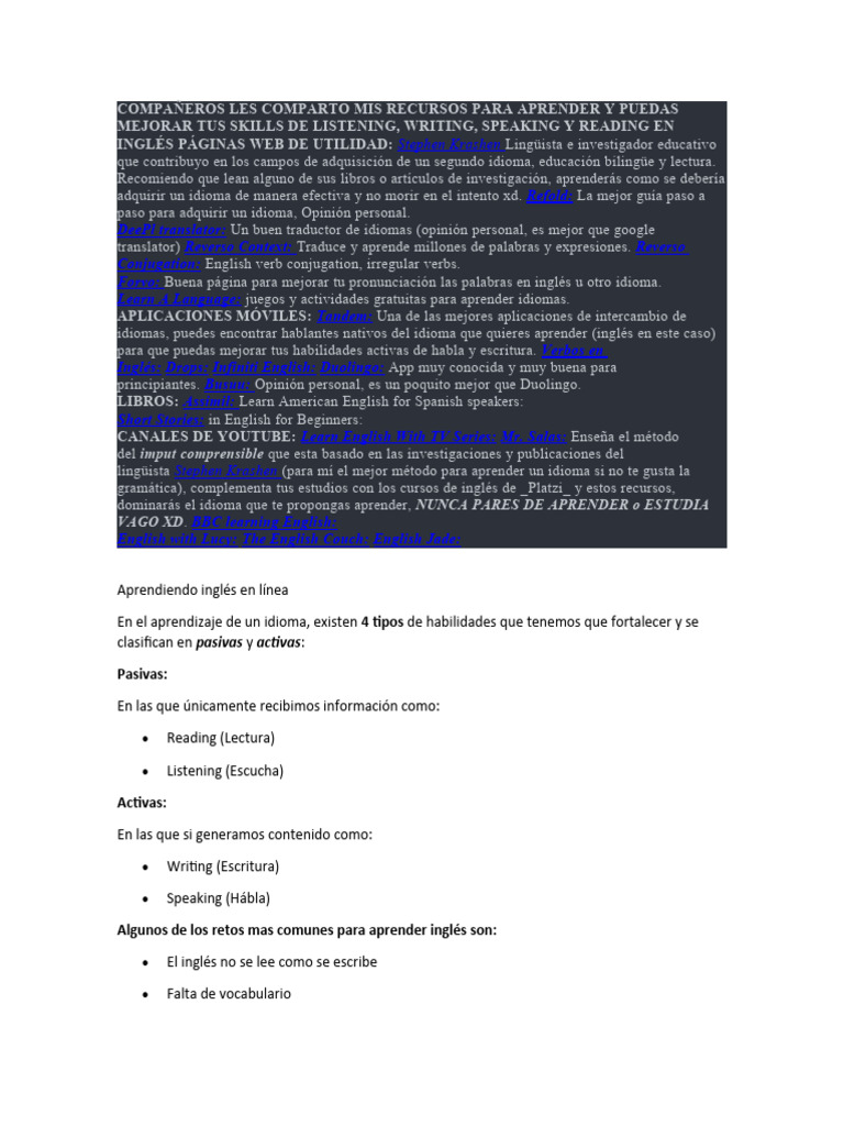 Compañeros Les Comparto Mis Recursos para Aprender y Puedas Mejorar Tus Skills de Listening ...