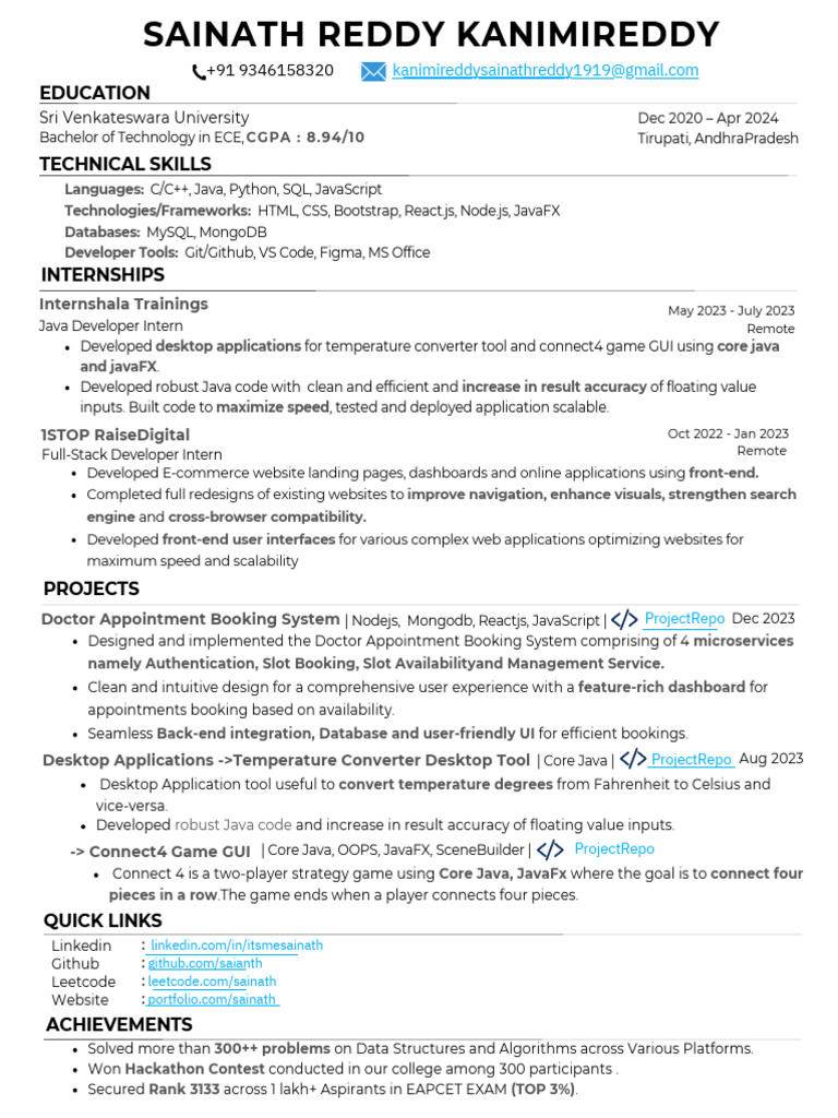 Sainath SDE Resume | PDF | Java (Programming Language) | Computing