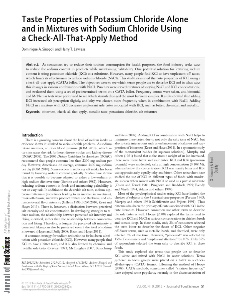 Taste Properties of Potassium Chloride Alone and in Mixtures With ...