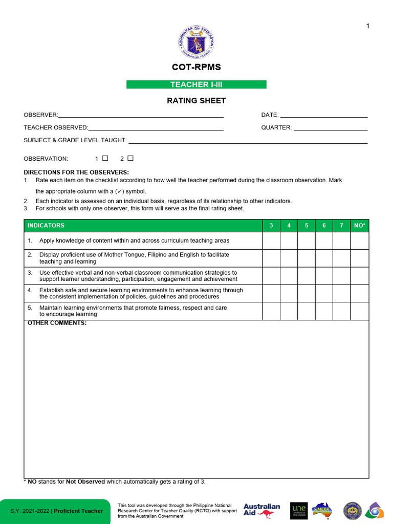 Appendix 3C COT RPMS Rating Sheet For T I III For SY 2021 2022 in The ...