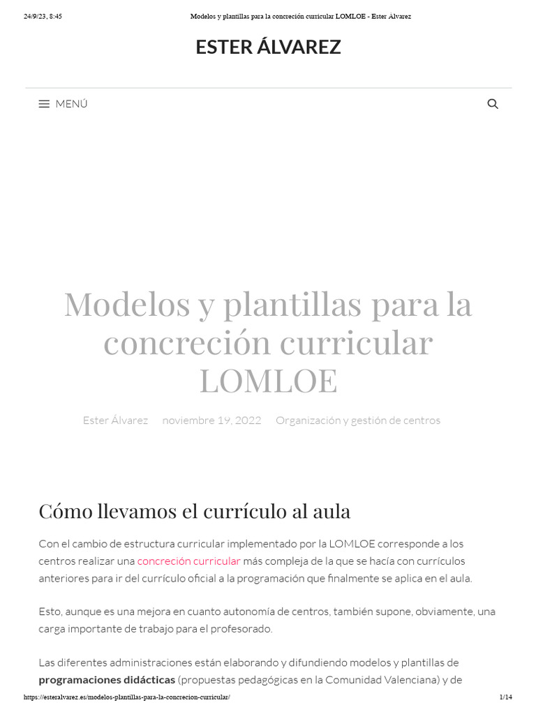 Modelos y Plantillas para La Concreción Curricular LOMLOE - Ester Álvarez | PDF | Plan de ...