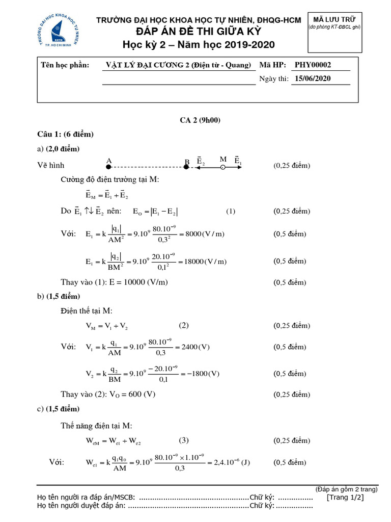 Đáp Án - VLĐC2 - GK - 2020 - Ca2 | PDF