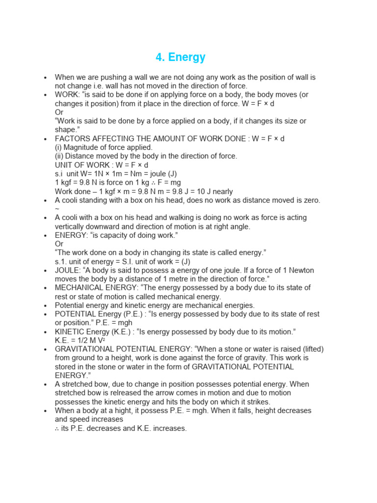 ICSE-Class 9 - Consise Physics-Chapter-04 - Energy - QnA | PDF | Potential Energy | Force