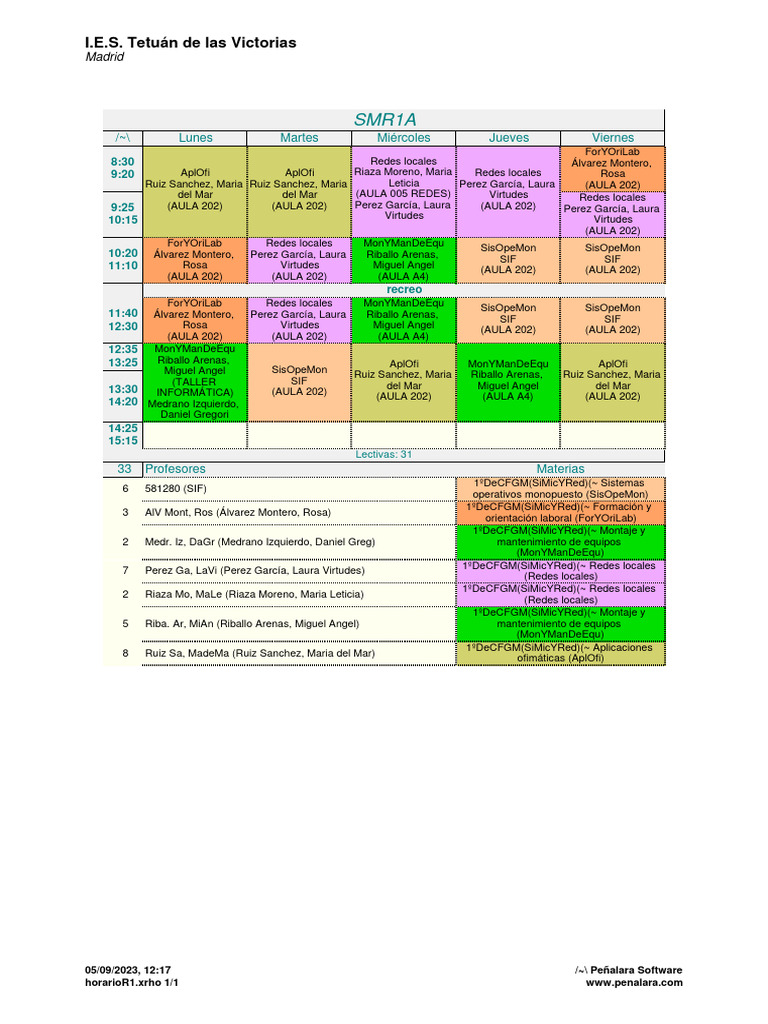 Horario SMR1A I.E.S. Tetuán 2023 | PDF