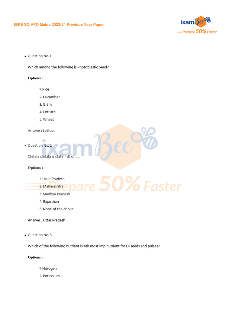 IBPS SO AFO Mains 2023-24 Previous Year Paper | PDF | Aquaponics | Soil