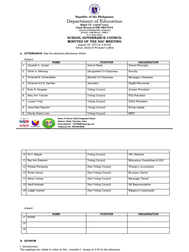 SGC Meeting Minutes - Dalid Integrated School | PDF | Government
