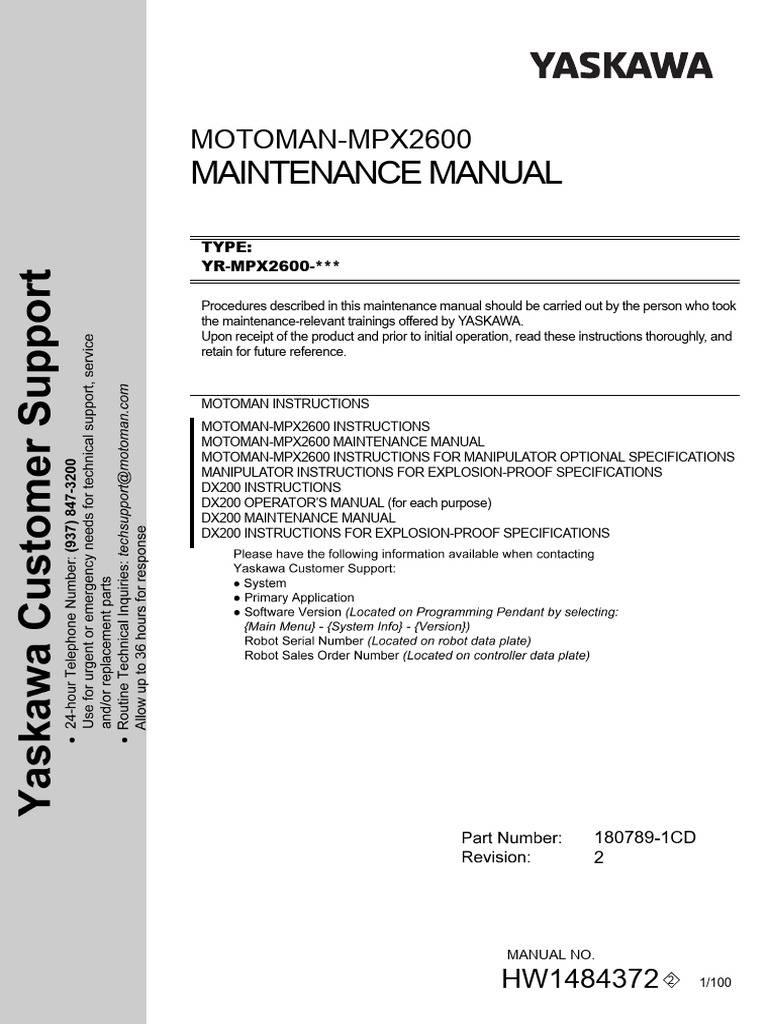 Motoman - Yaskawa - MPX2600 Robot - Maintenance Manuakl | PDF | Electrical Connector | Screw