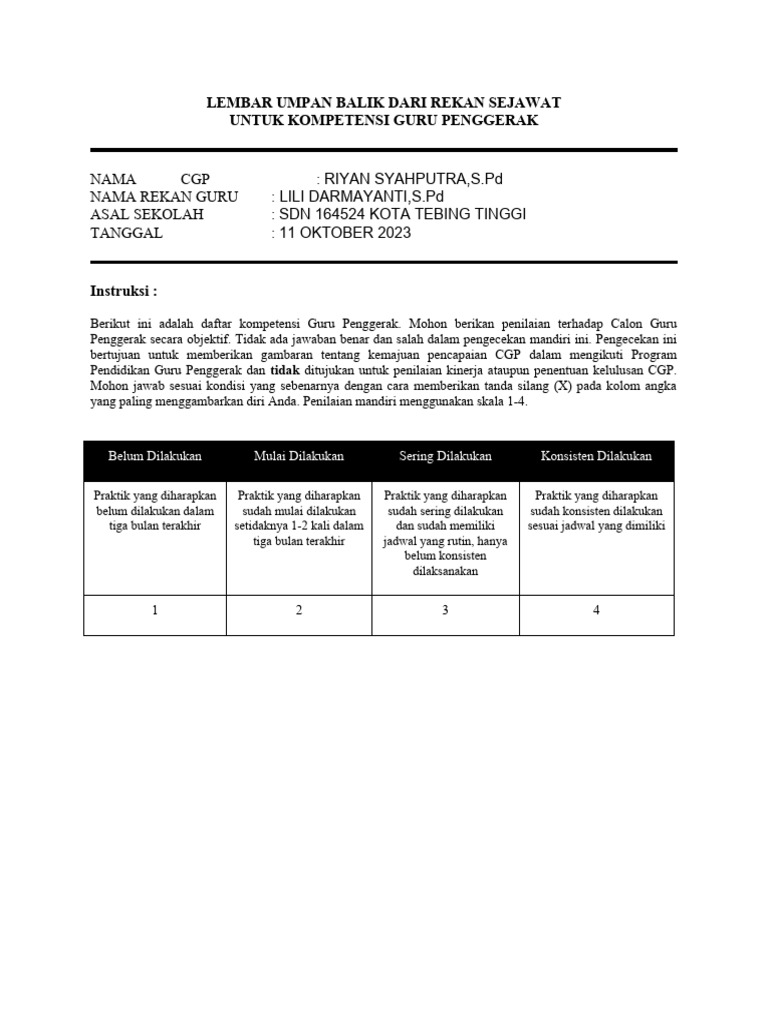 Lili OK Lembar Umpan Balik Dari Rekan Sejawat - A5 FINAL 150522 | PDF