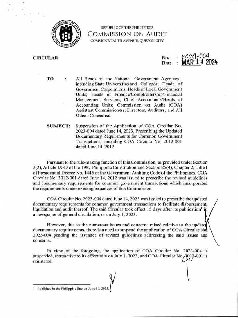 COA CIRCULAR NO. 2024 004 March 14 2024 | PDF