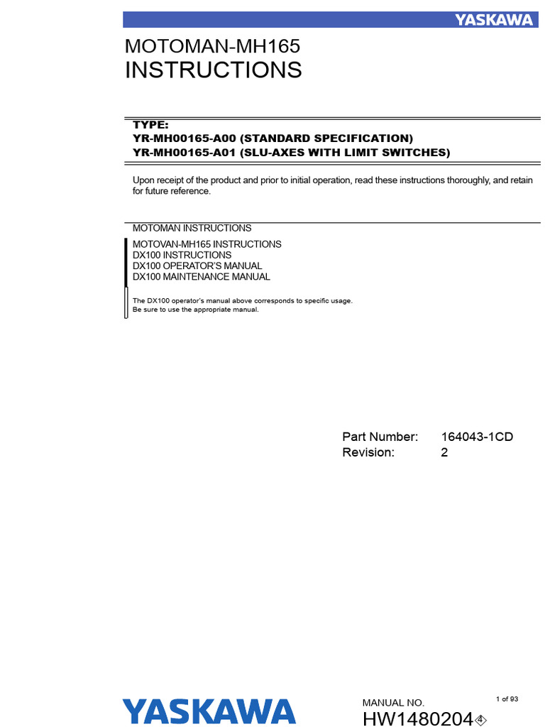 Motoman DX100 MH165 Instruction Manual | PDF | Safety | Electrical ...