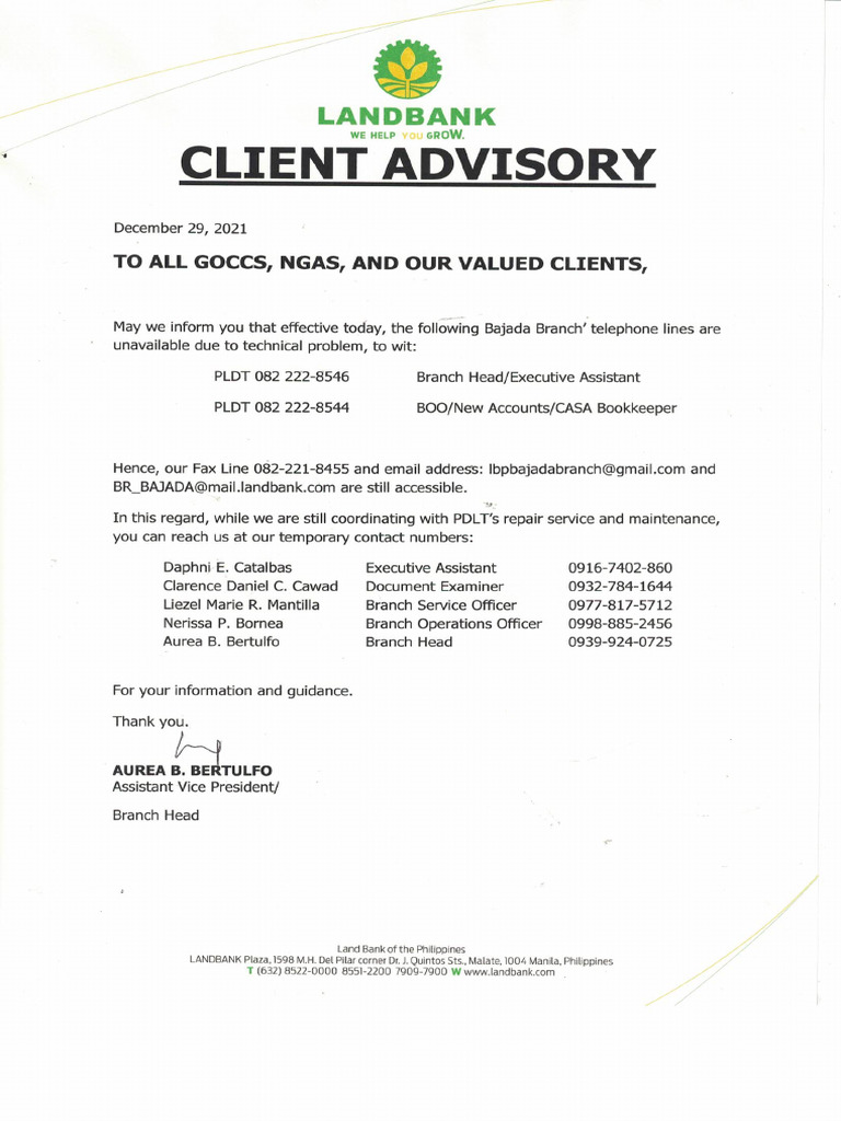 LBP BAJADA Advisory | PDF