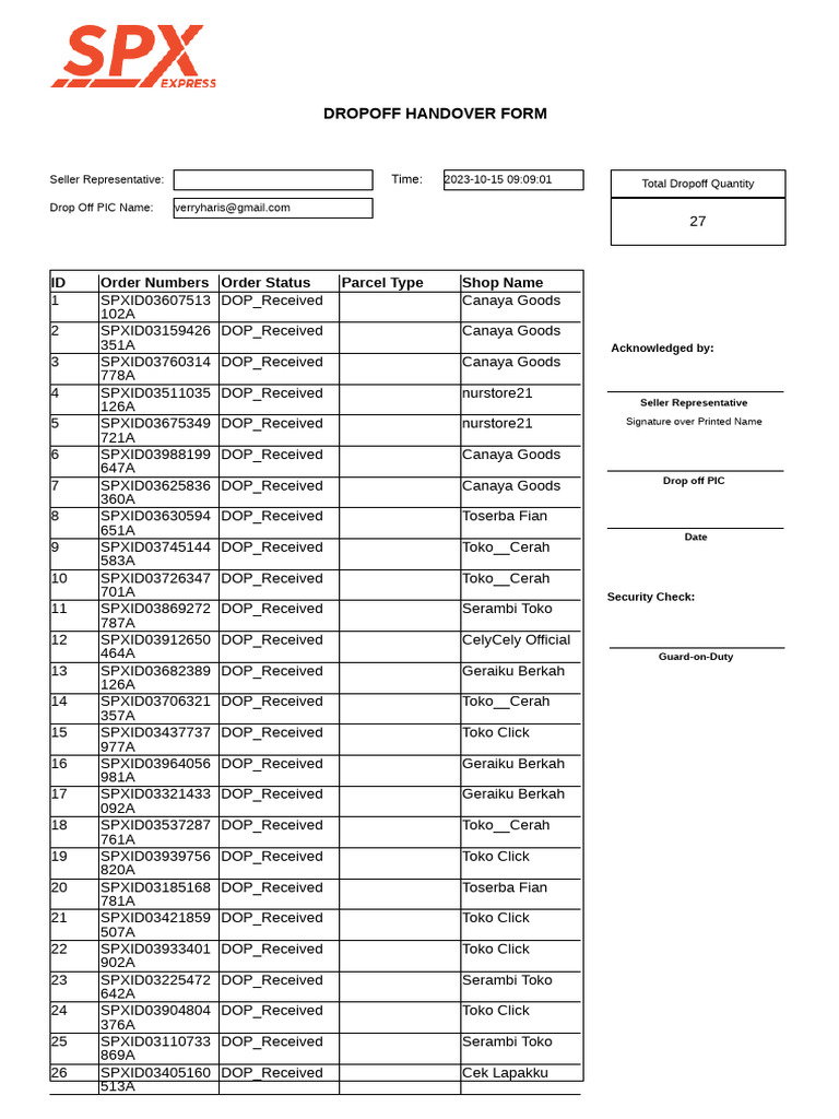 Dropoff Handover Form Details | PDF
