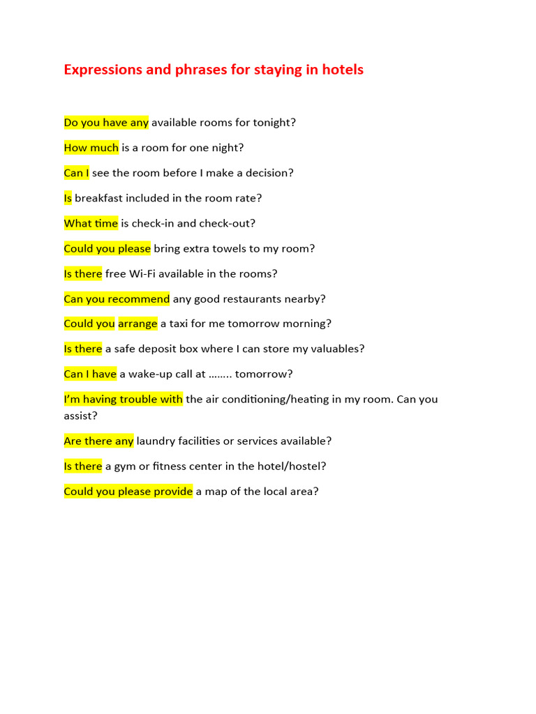 Hotel Expressions and Phrases Guide | PDF | Hotel