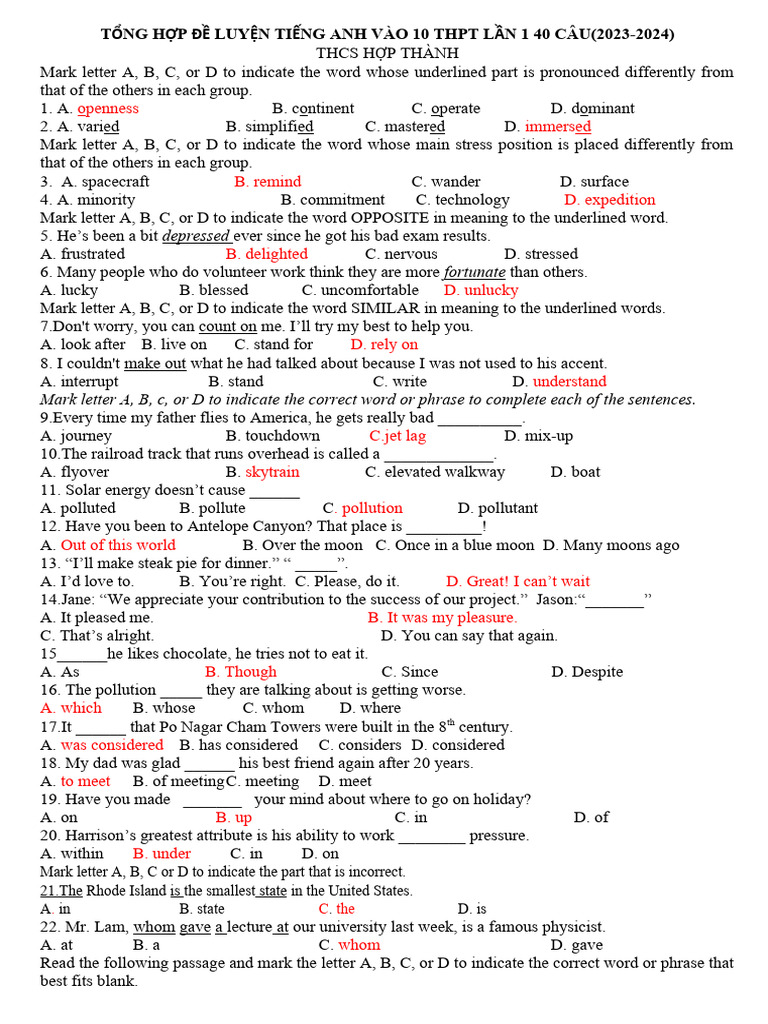 TỔNG HỢP ĐÈ LUYỆN T ANH ÔN 10 LẦN 1 40 | Download Free PDF | Sausage | Cost Of Living