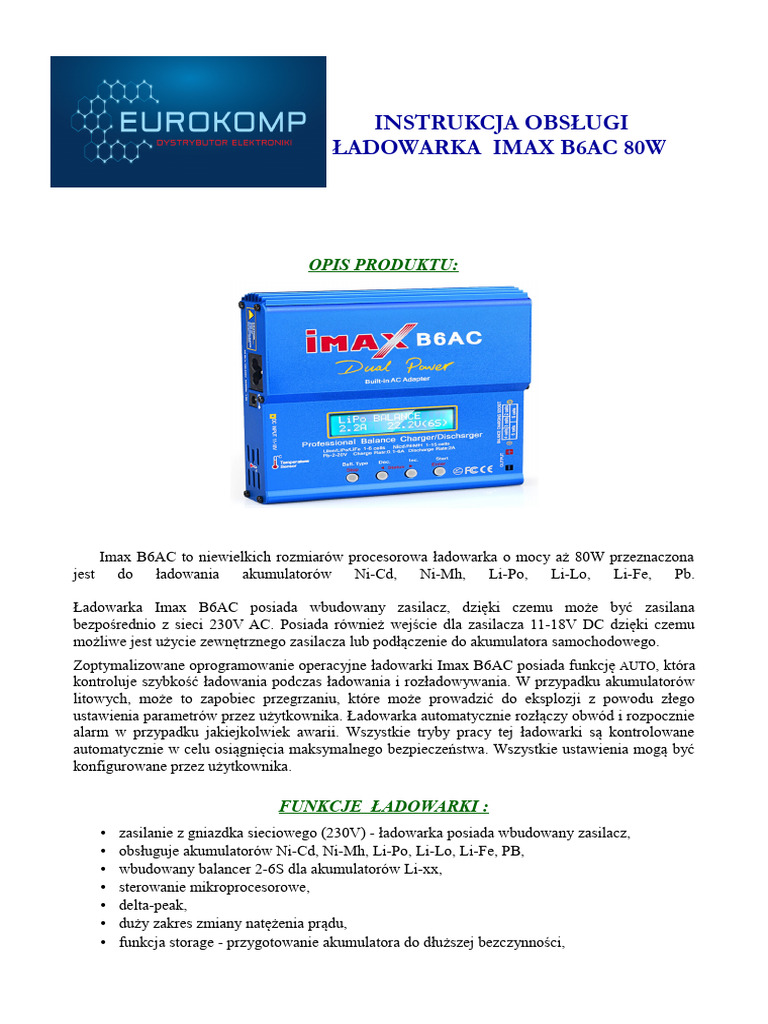 Ładowarka Balansująca iMAX B6 80W E6168 (BAT1154) - Instrukcja Obsługi PL | PDF