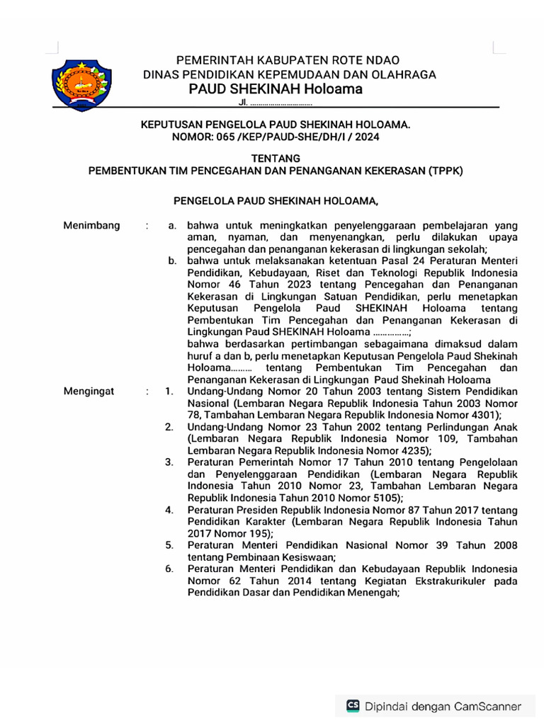 SK TPPK Paud Shekinah Holoama | PDF