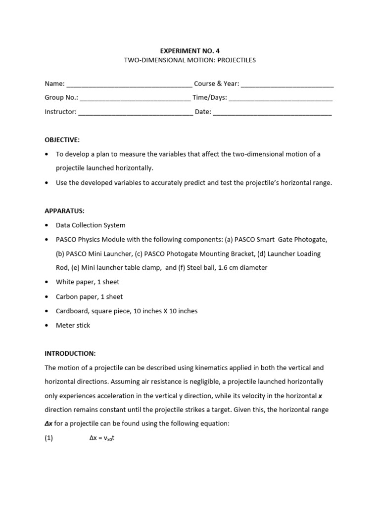 NS 1B2 Experiment No. 4 Two-Dimensional Motion - Projectiles | PDF ...