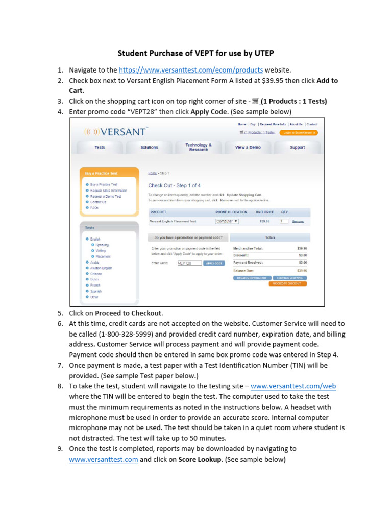 UTEP Student Guide to VEPT Purchase | PDF