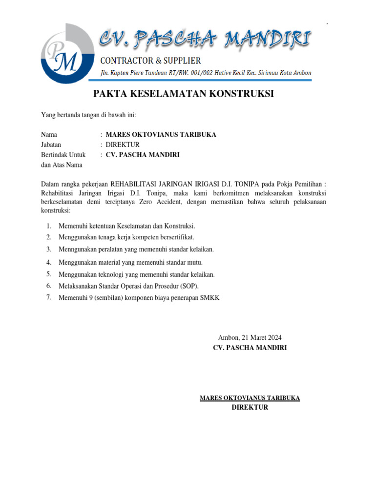 Komitmen Keselamatan Konstruksi Irigasi | PDF