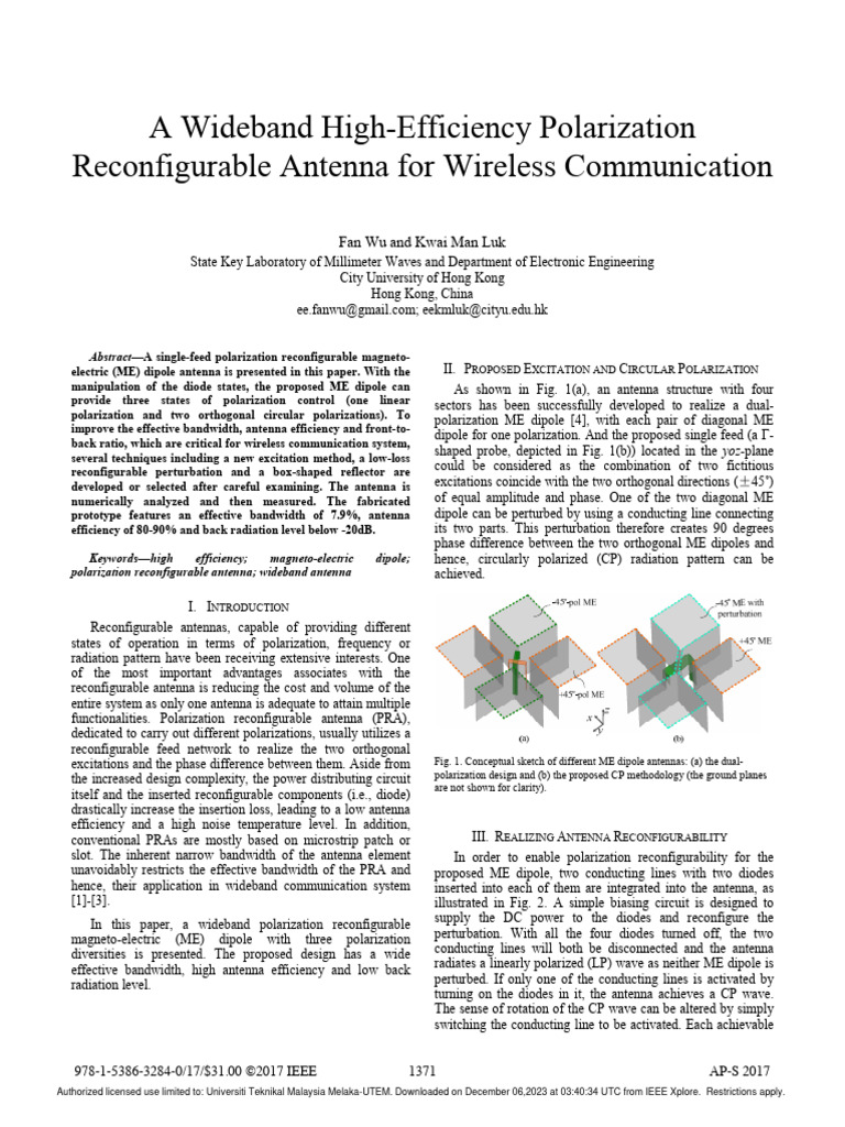 A Wideband High-Efficiency Polarization Reconfigurable Antenna For Wireless Communication | PDF ...