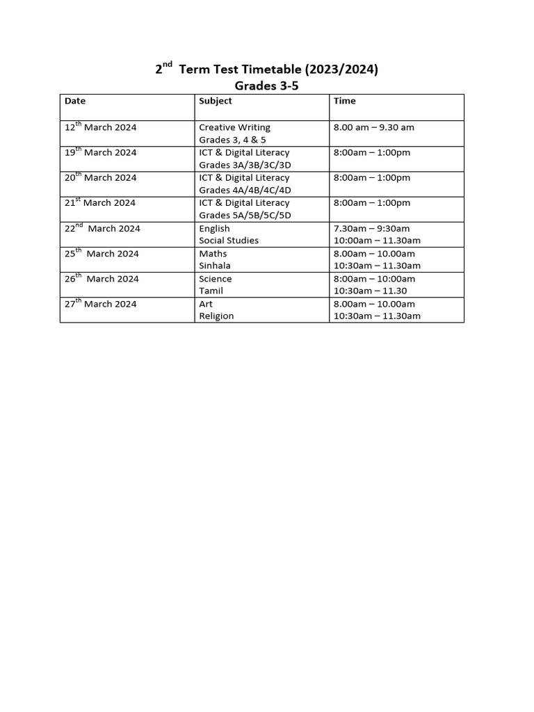 2nd Term Test Timetable- 2024 | PDF