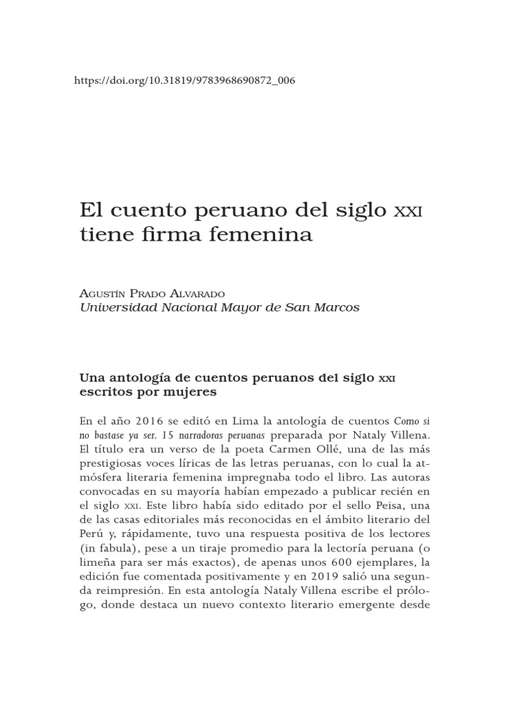 El Cuento Peruano Del Siglo Tiene Firma Femenina: Universidad Nacional Mayor de San Marcos | PDF ...