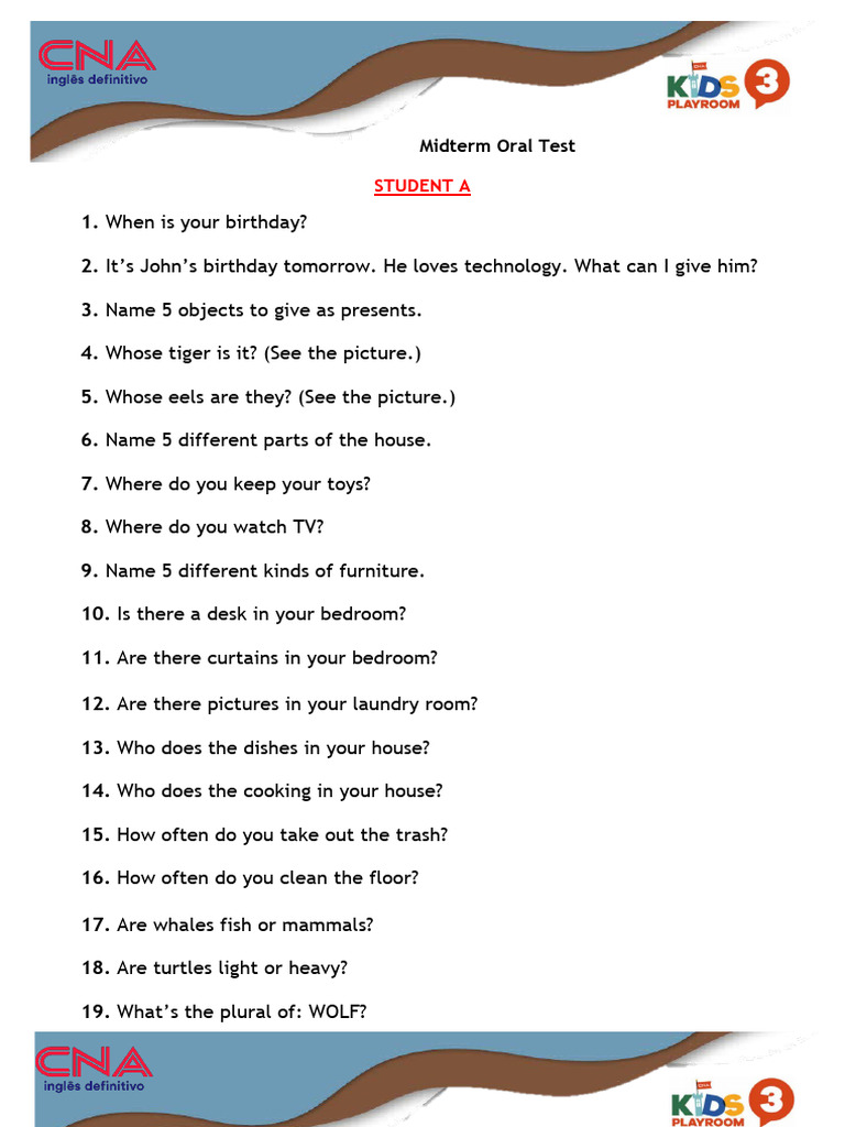 CNA Kids Playroom 3 - Midterm Test Oral Test - Questions | PDF