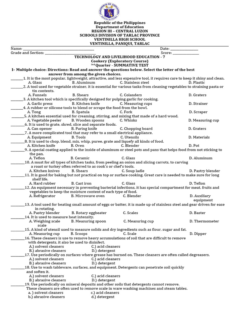 TLE-7 Cookery Summative Test | PDF | Kitchen Utensil | Cookware And ...