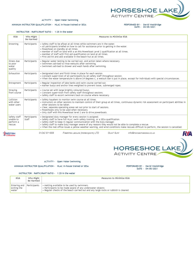 Open Water Swimming Risk Assessment 2021 | PDF | Swimming ...