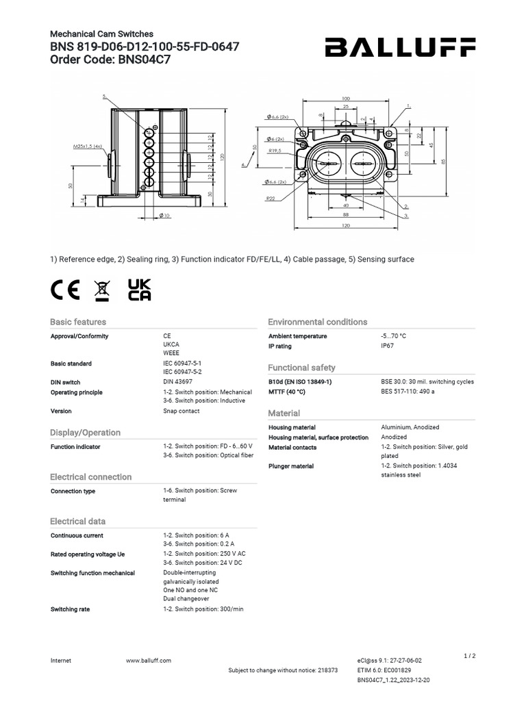 Balluff Mechanical Cam Switch Sheet | PDF | Switch | Electrical Connector