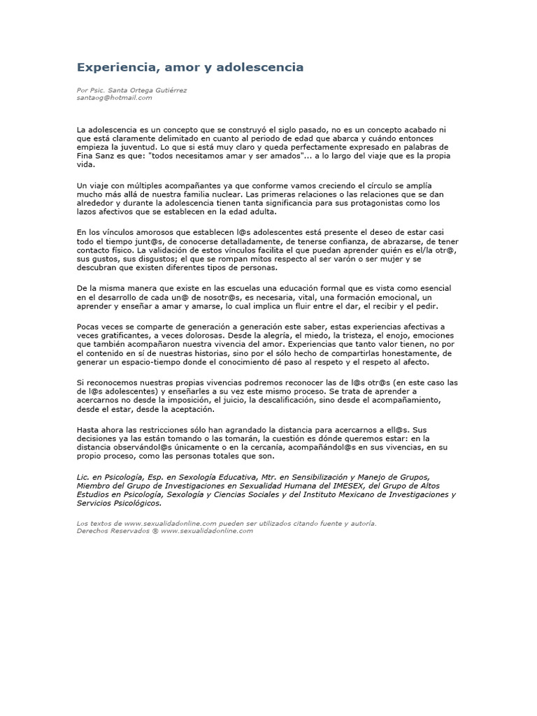 Experiencia | PDF | Amor | Adolescencia